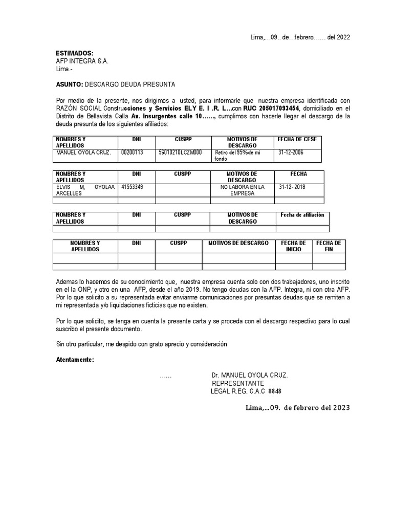 Modelo Descargo - Carta. | PDF