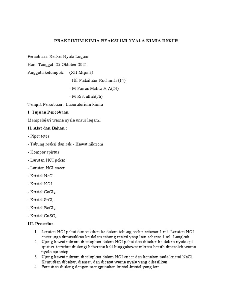 REAKSI UJI NYALA API KIMIA UNSUR SMA | PDF