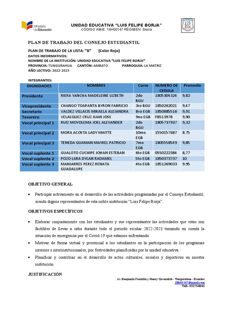 Plan de Trabajo Consejo Estudiantil | PDF