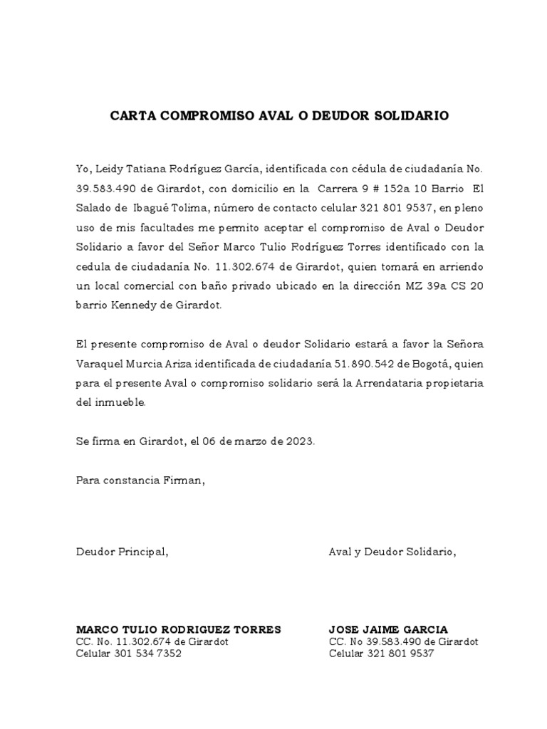 Carta Compromiso Aval o Deudor Solidario Tatiana | PDF
