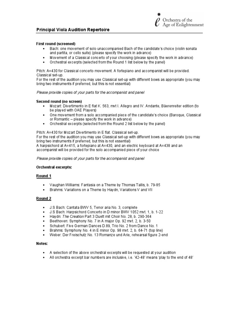 Principal Viola Audition Repertoire | PDF