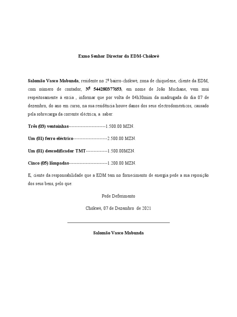 Exmo Senhor Director Da EDM 12 | PDF