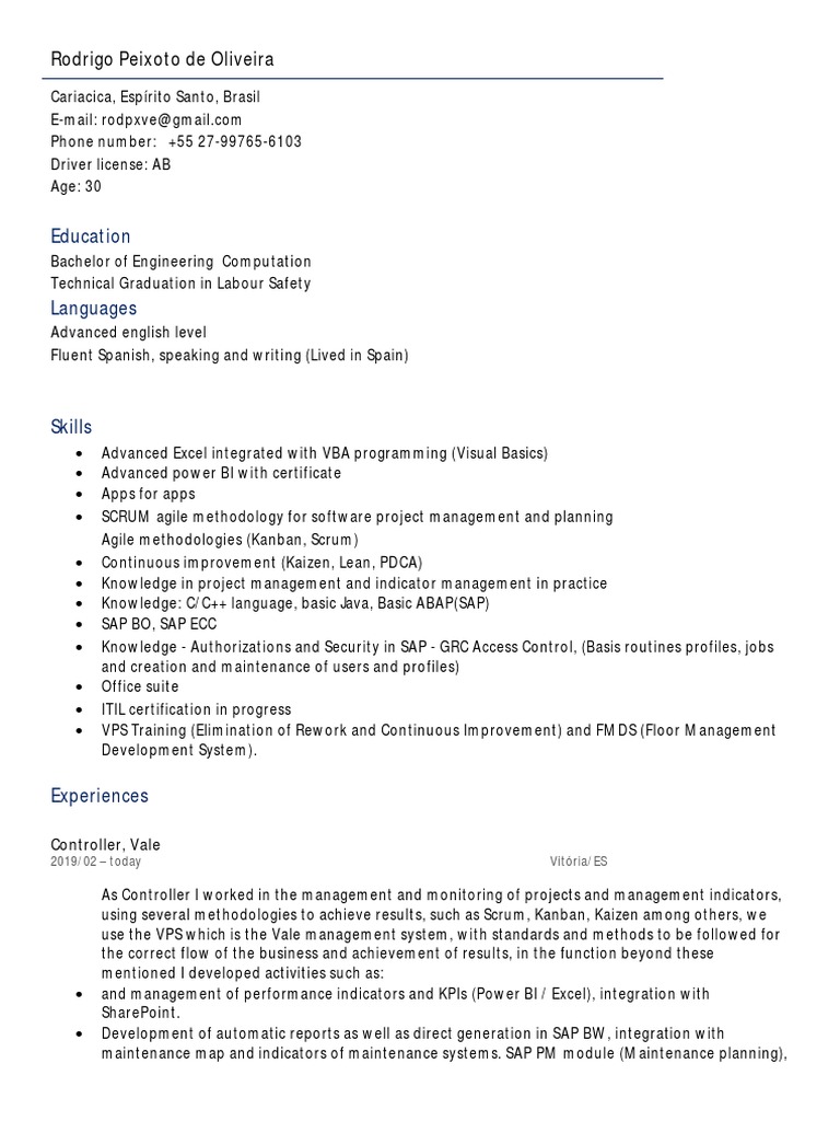 Rodrigo Peixoto de Oliveira English | PDF | Microsoft Excel | Agile ...