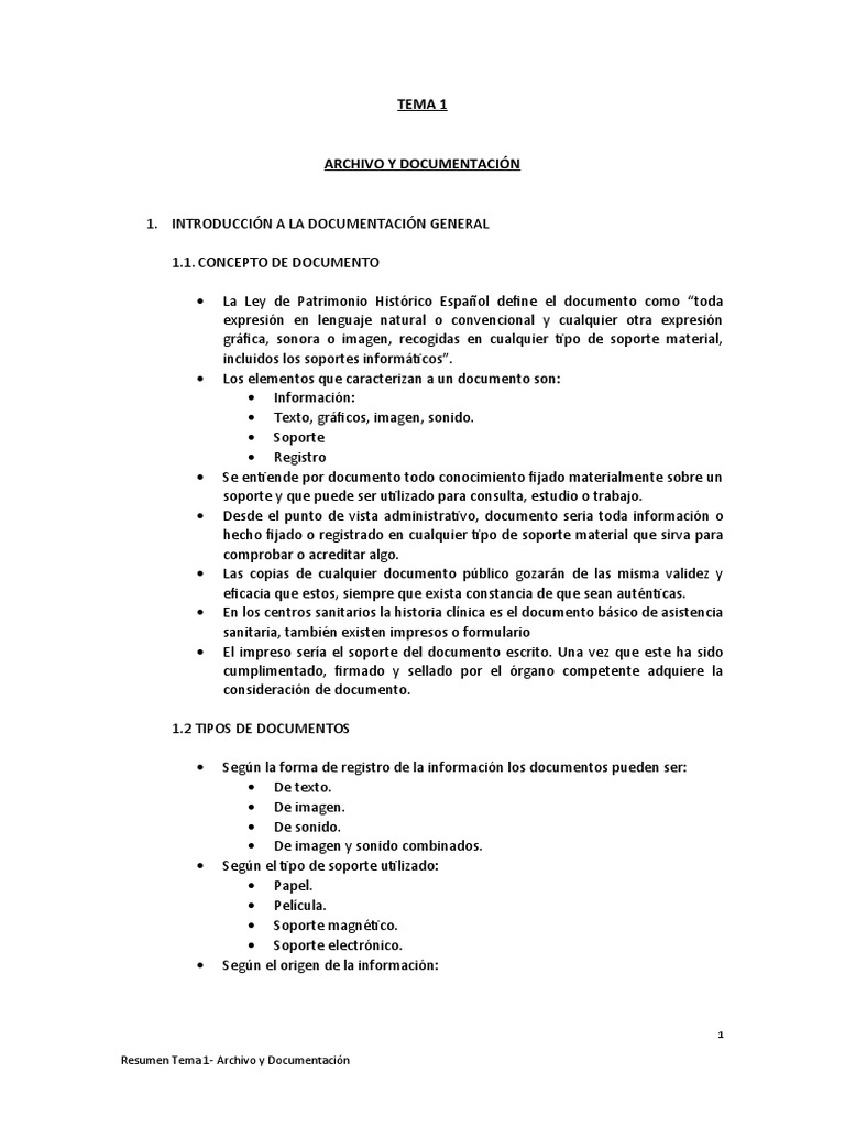 TEMA 1 Resumen Archivo y Documentacion | PDF | Hospital | Historial médico