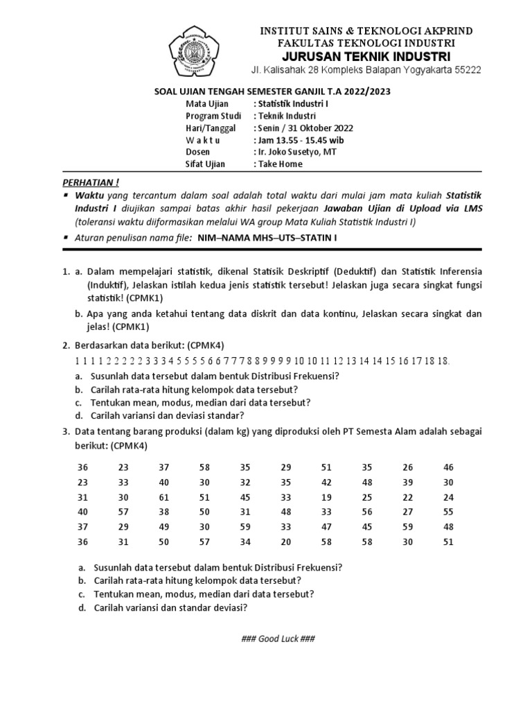 Soal Uts Statistik Industri I | PDF