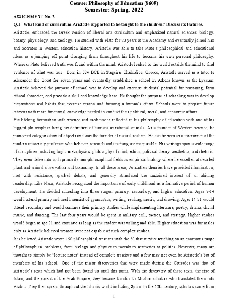 Assignment No. 2 Q.1 What Kind of Curriculum Aristotle Supported To Be Taught To The Children ...