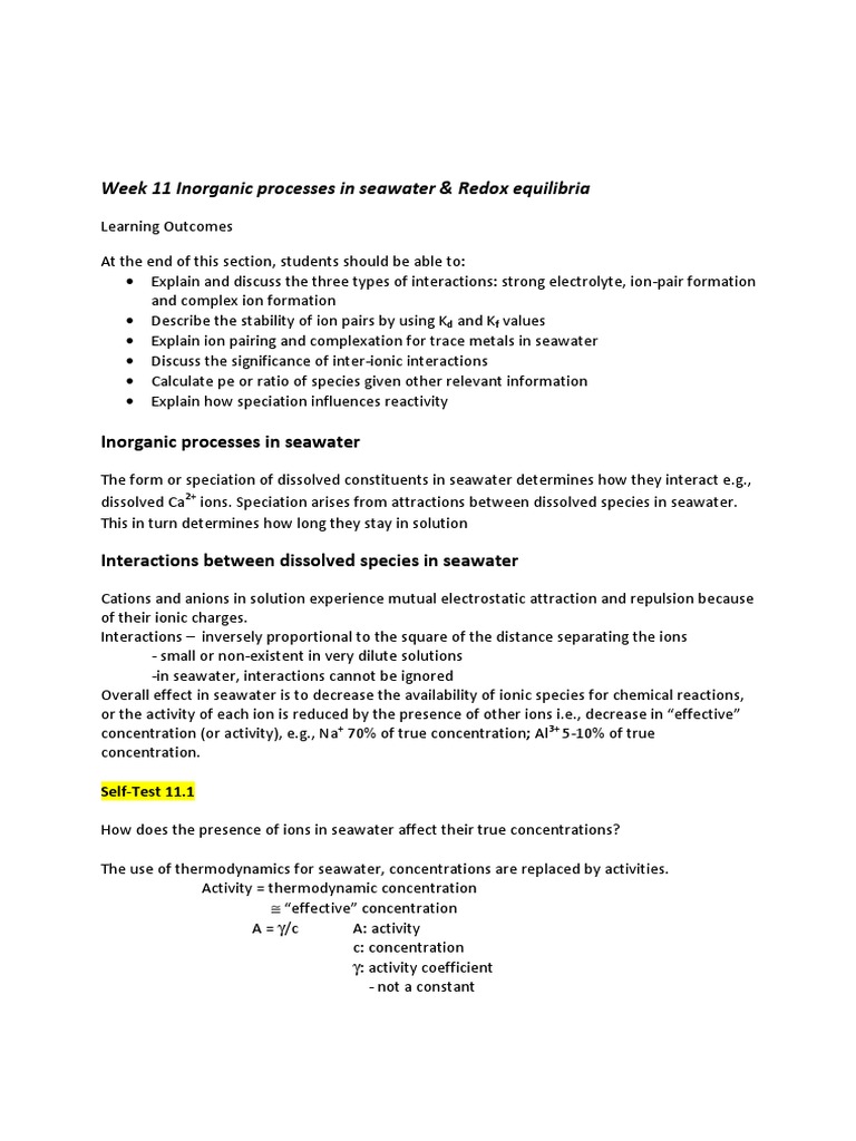 Understanding Inorganic Processes and Redox Equilibria in Seawater ...