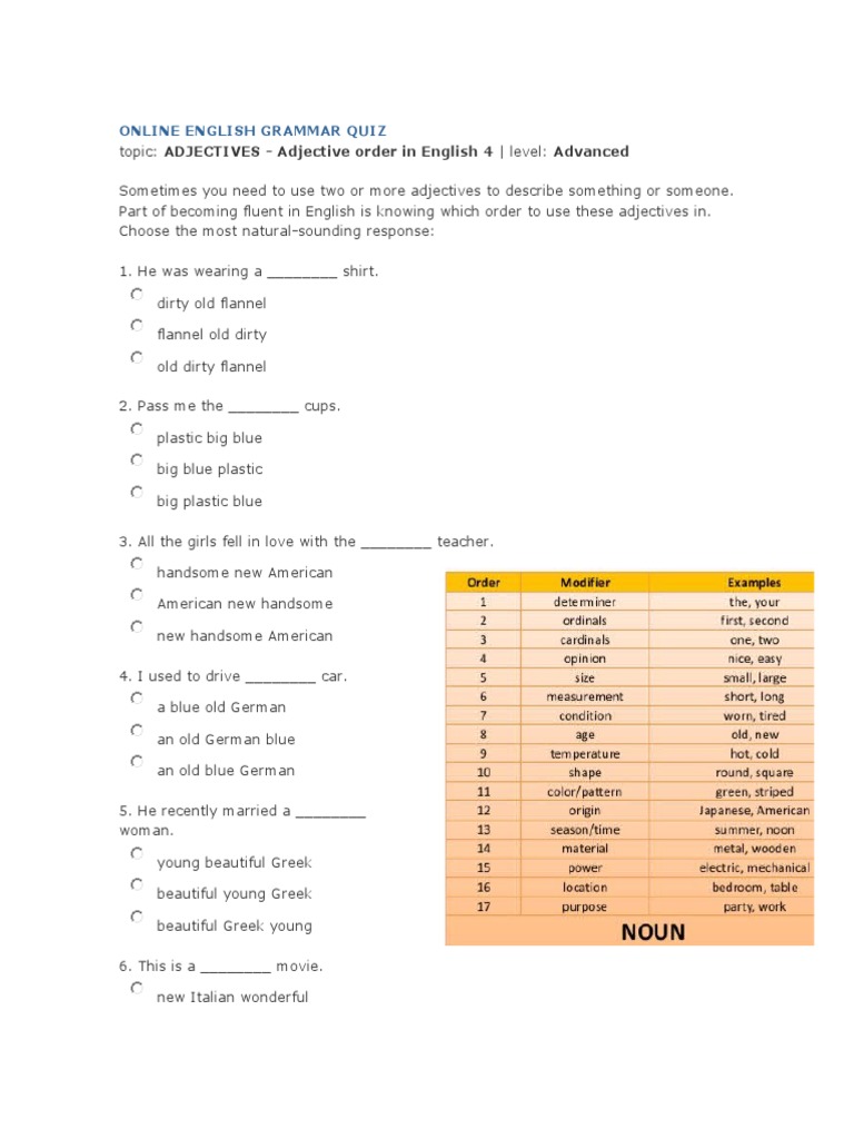 Adjective Order - Online English Grammar Quiz | PDF