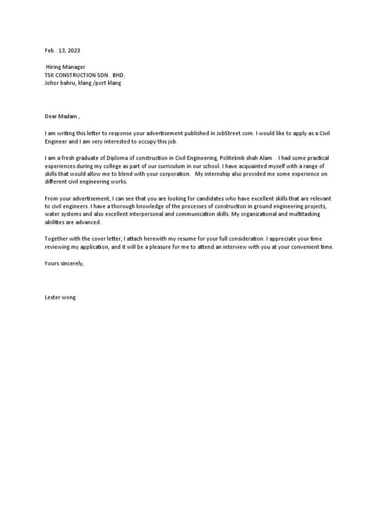 Example Application Letter For Fresh Graduate Civil Engineer | PDF