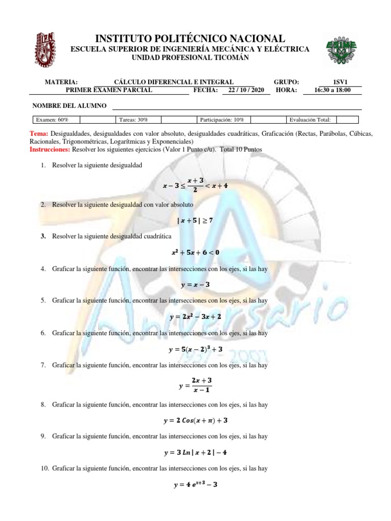 Exámen de Cálculo Diferencial e Integral Respuestas | PDF | Desigualdad (Matemáticas) | Integral