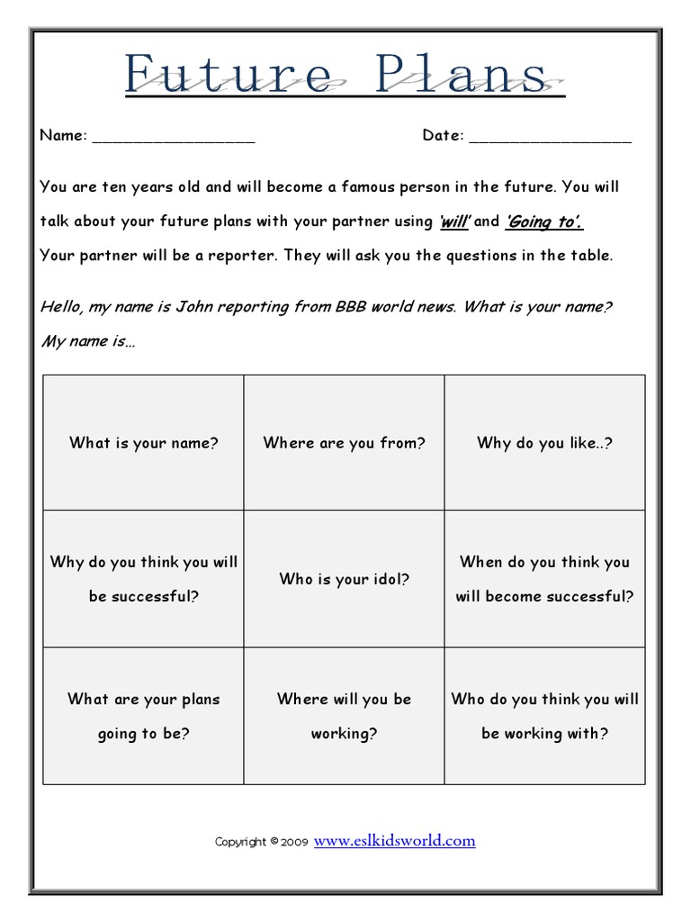 Future Plans Will and Going To Role Play Worksheet JUNIORS PDF | PDF
