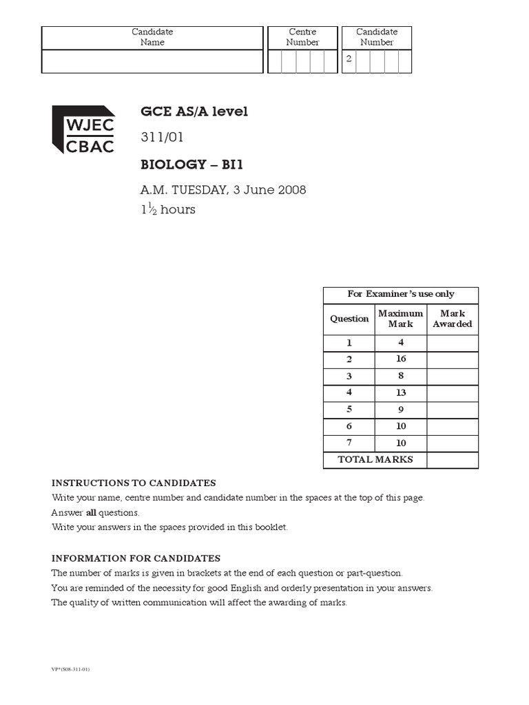 GCE AS/A Level 311/01 Biology - Bi1: A.M. TUESDAY, 3 June 2008 1 Hours | PDF | Rna | Nucleotides