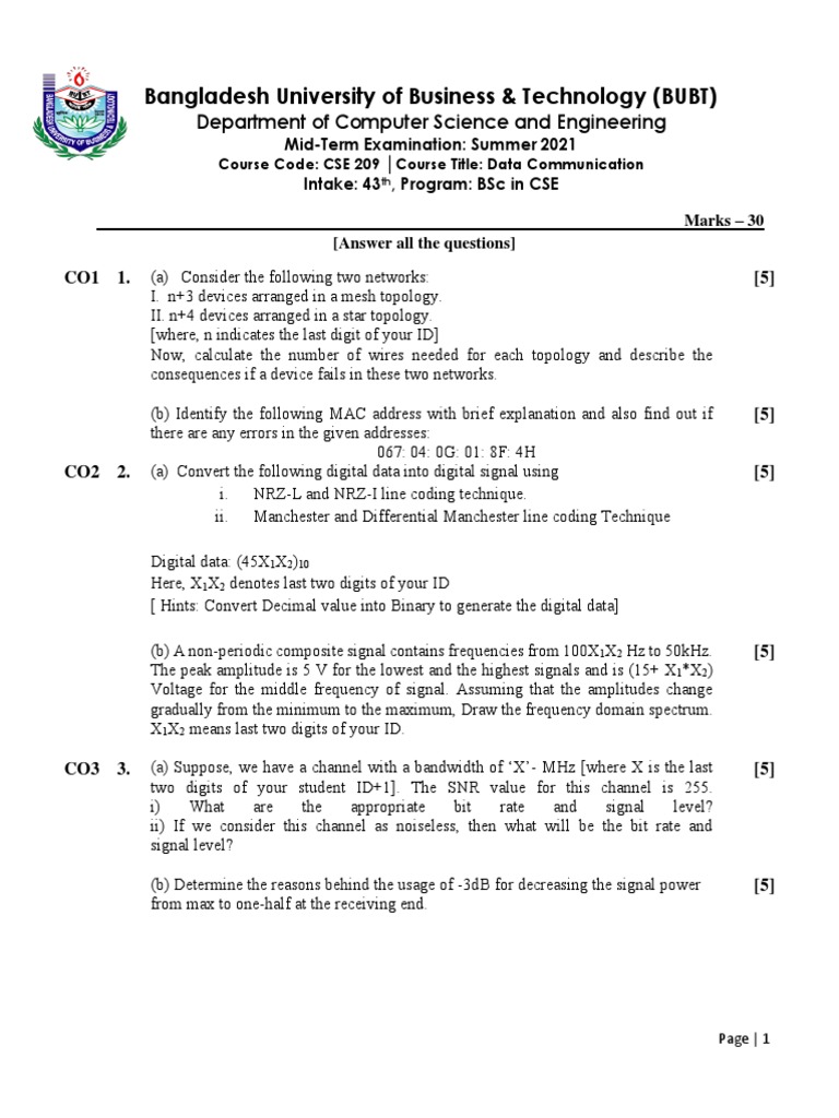 BUBT Mid-Term Exam for Data Communication Course Analyzes Network Topologies and Digital Signal ...