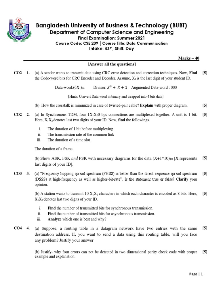 BUBT Data Communication Final Exam Questions | PDF | Bit Rate | Bit