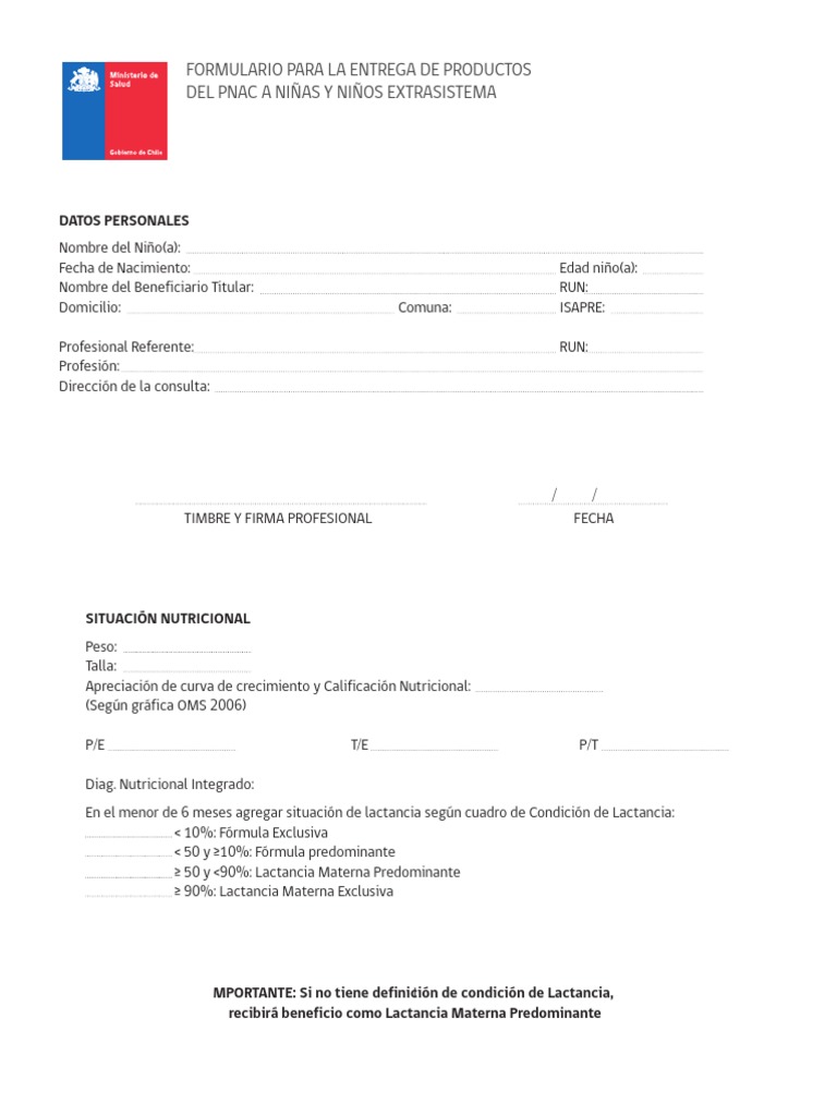 Formulario PNAC para Niños Extrasistema | PDF