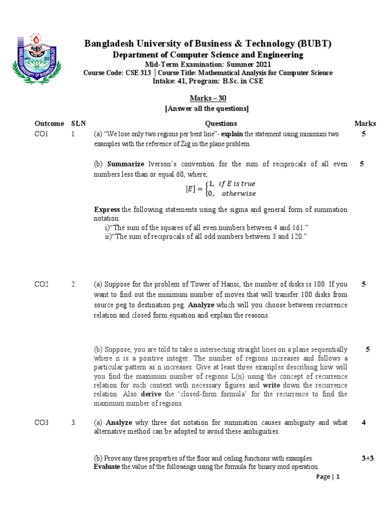 Cse 313 Mid | PDF | Summation | Numbers