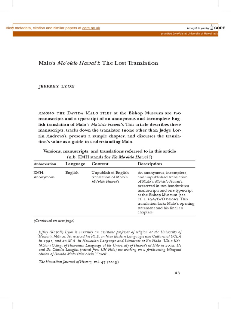 Malo's Mo Olelo Hawai I: The Lost Translation - Jeffrey Lyon | PDF | Translations | Hawaii