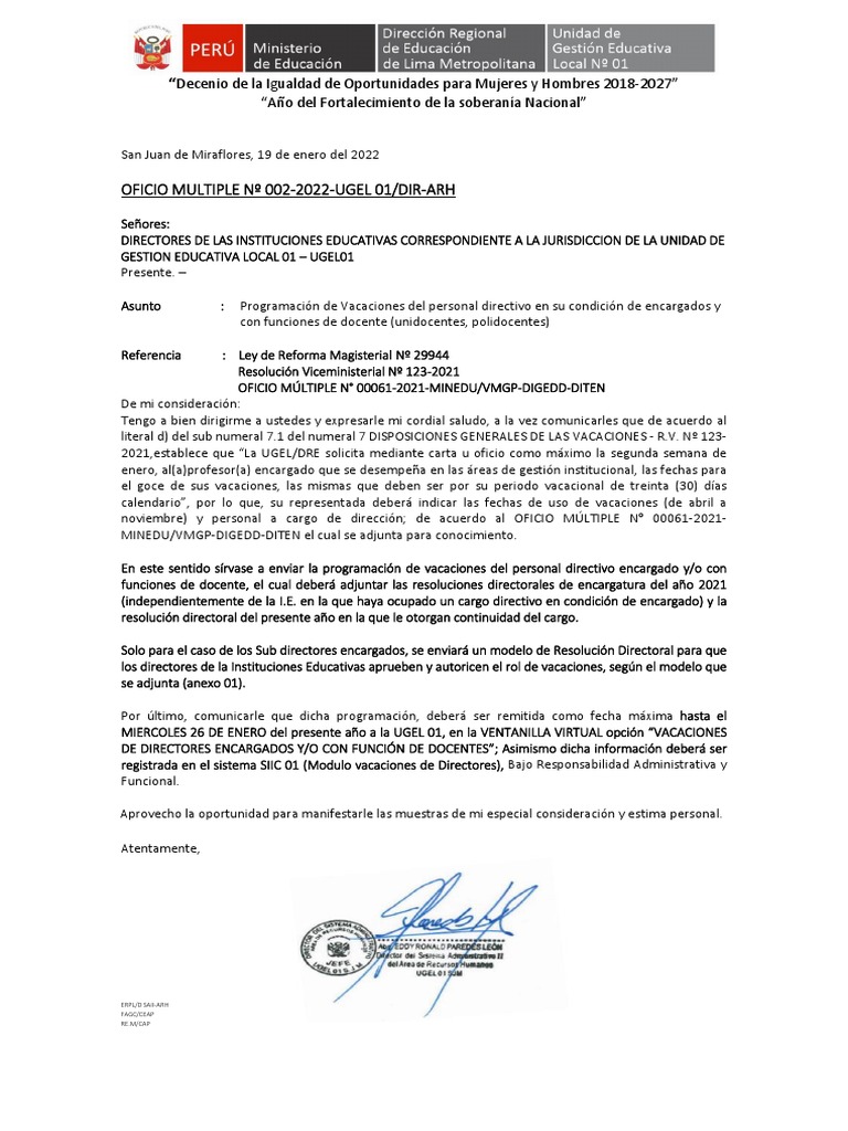 Oficio Multiple #002 2022 UGEL01 DIR ARH 19 01 2022 PDF | PDF | Maestros Oficio Multiple #002 2022 UGEL01 DIR ARH 19 01 2022 PDF | PDF | Maestros