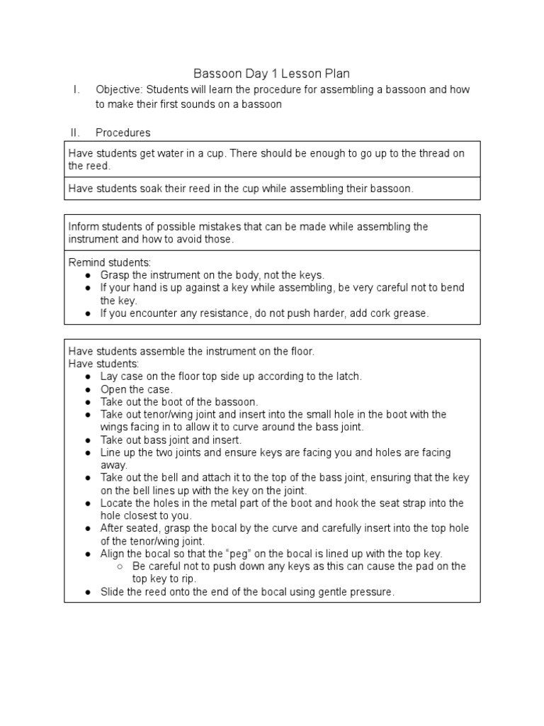 Bassoon Day 1 Lesson Plan | PDF | Bassoon | Aerophones