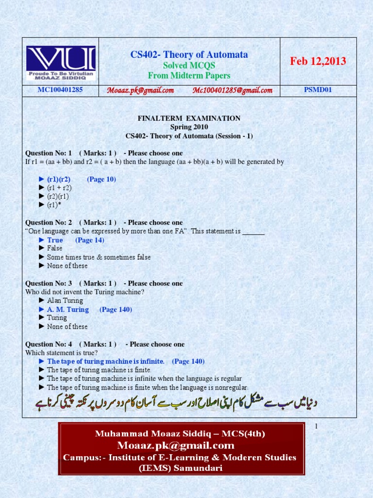 CS402 - Final Term Solved Mcqs With References by Moaaz PDF | PDF | Question | Metalogic