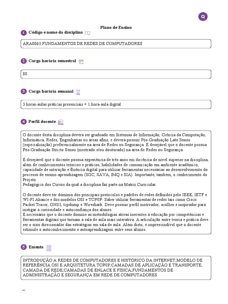 Plano de Ensino Fundamentos de Redes de Computadores | Download grátis PDF | Rede de ...