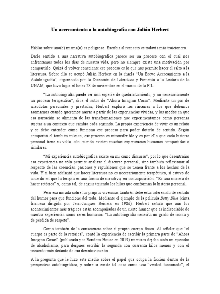 Un Acercamiento A La Autobiografía Con Julián Herbert | PDF ...