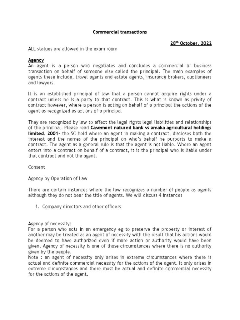 Commercial Transactions | PDF | Law Of Agency | Finance & Money Management