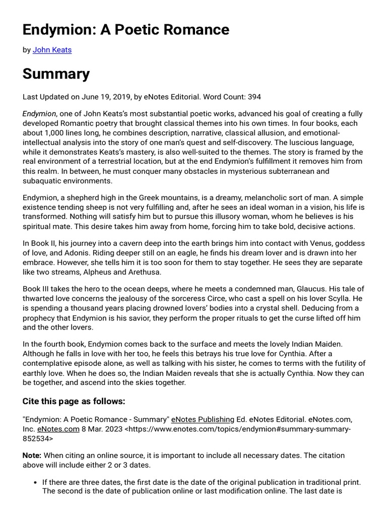 Endymion Summary PDF | PDF