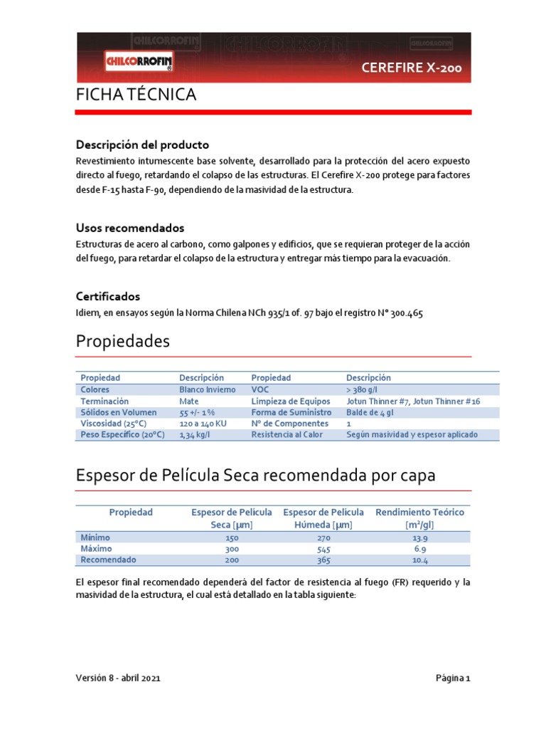Ficha Tecnica Pintura Antifuego | PDF | Sustancias químicas | Química