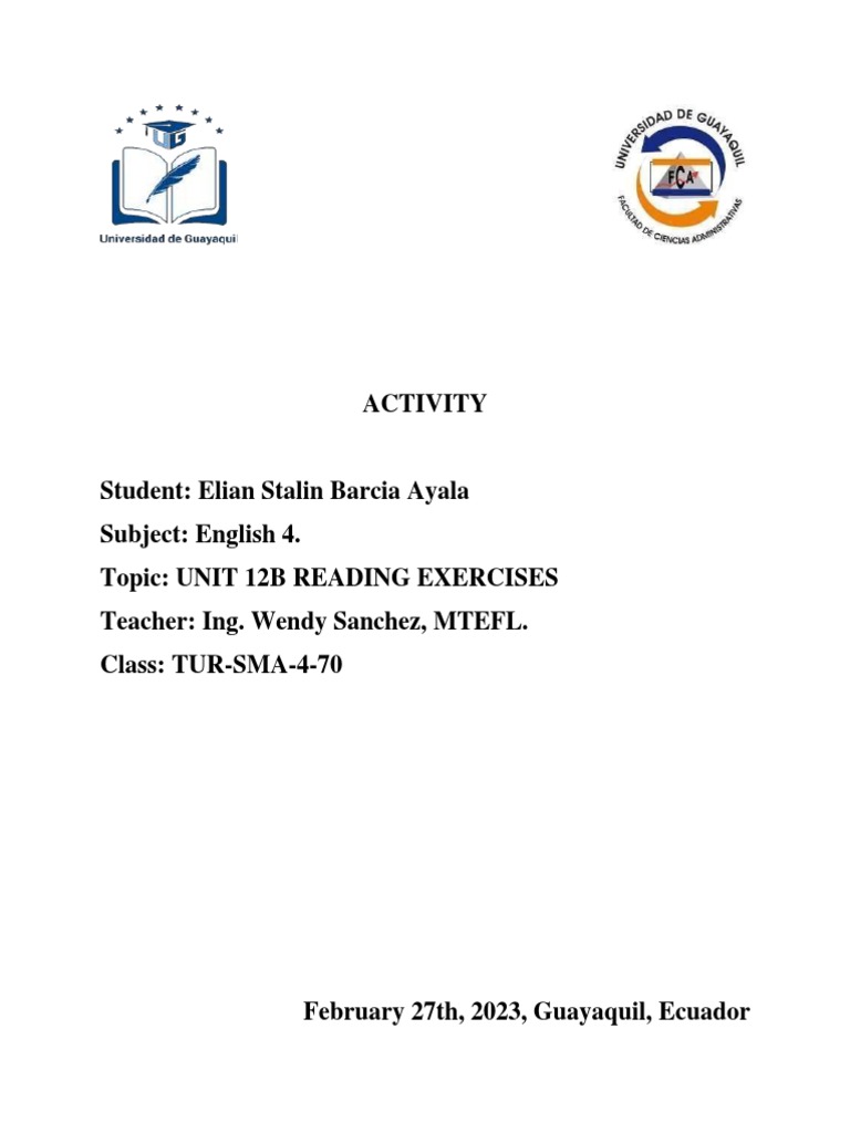 Unit 12 B Reading Exercises | PDF