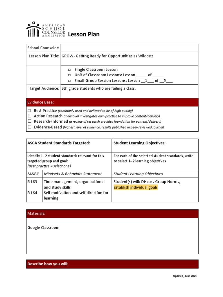 9th Grade Grow Lesson Plan | PDF | School Counselor | Lesson Plan