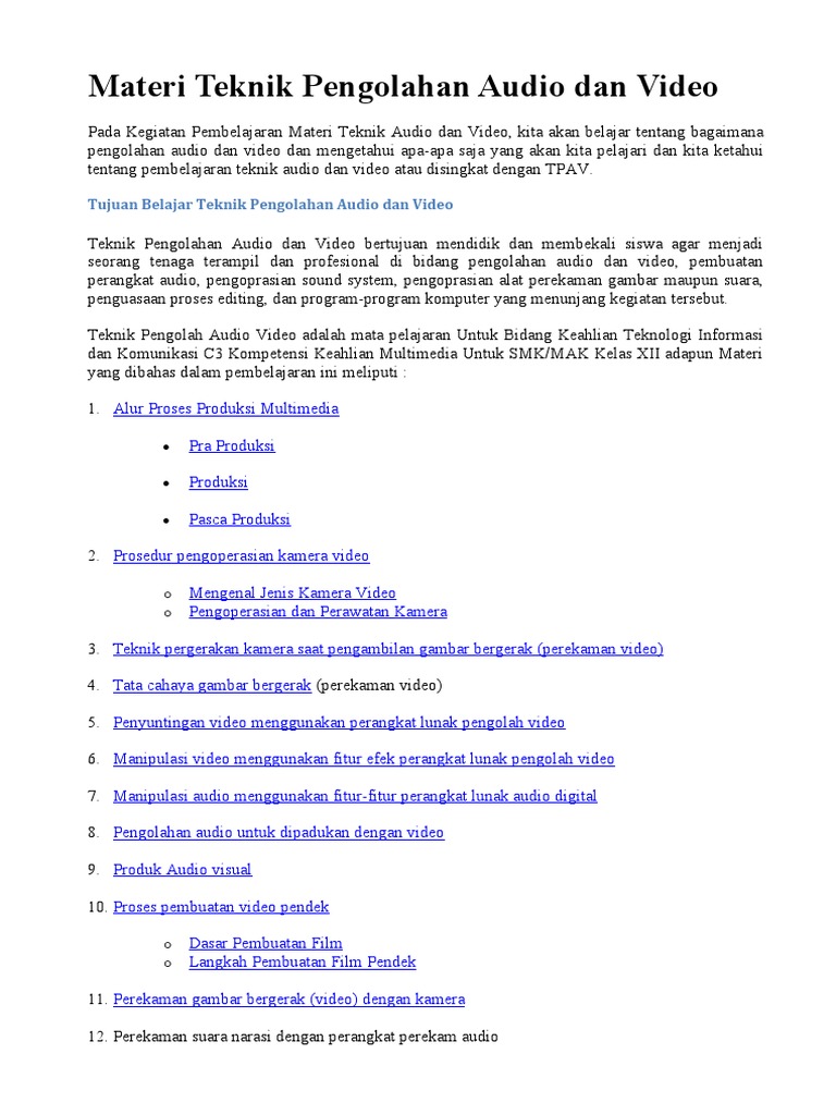 Teknik Pengolahan Audio Dan Video SMK | PDF
