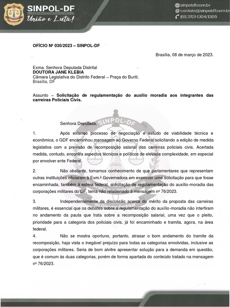 Oficio Jane Klebia (Atualizado) - Auxílio-Moradia | PDF | Polícia | Governo