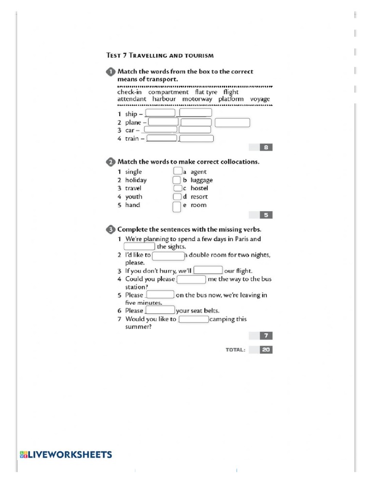 Travelling and Tourism Worksheet 22 | PDF