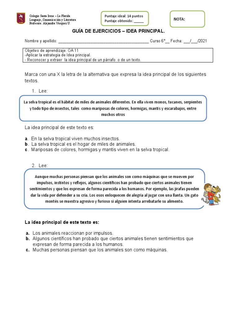 GUÍA EJERCICIOS Idea Principal | PDF | Buceo bajo el agua