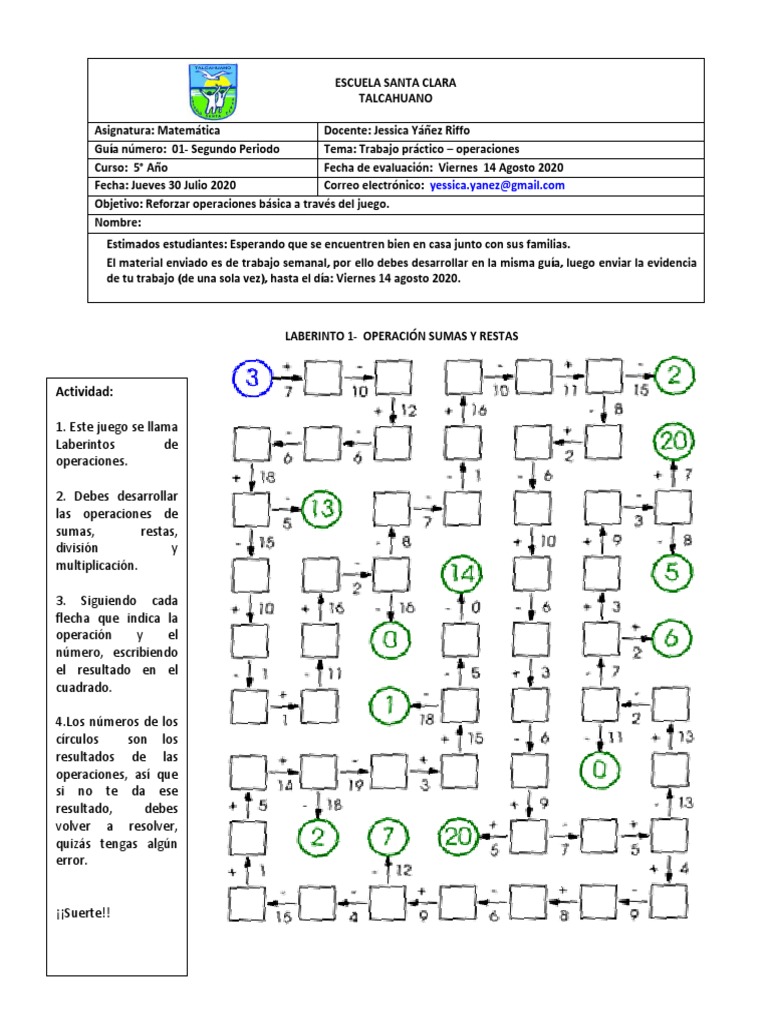 Guía #01 Segundo Periodo - Laberinto de Operaciones 5° Año Jueves 30 ...