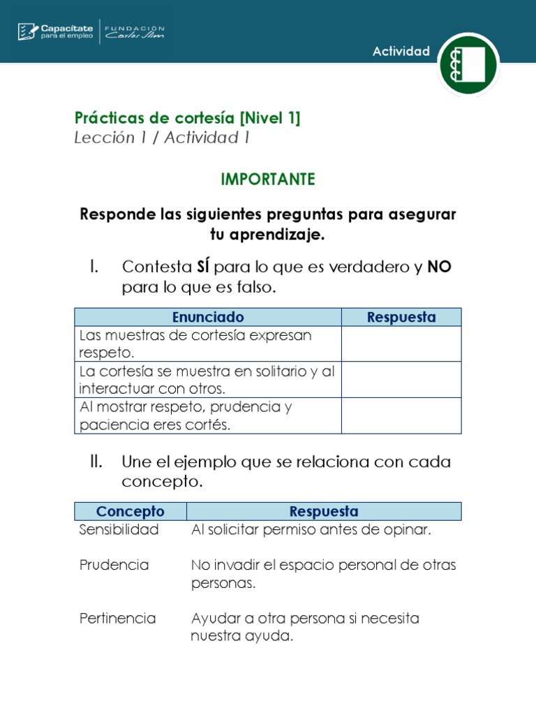Prácticas de cortesía: Lección 1, Actividad 1 | PDF