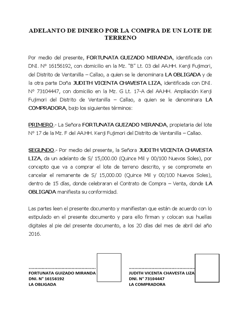 Adelanto de Dinero Por La Compra de Un Lote de Terreno | PDF