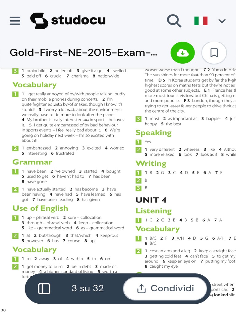 Gold First Ne 2015 Exam Maximiser Answer Key First For Schools Answer Key Unit 1 Vocabulary 1