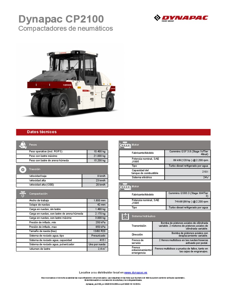 Dynapac CP2100: Especificaciones Técnicas | PDF | Vehículo de motor ...