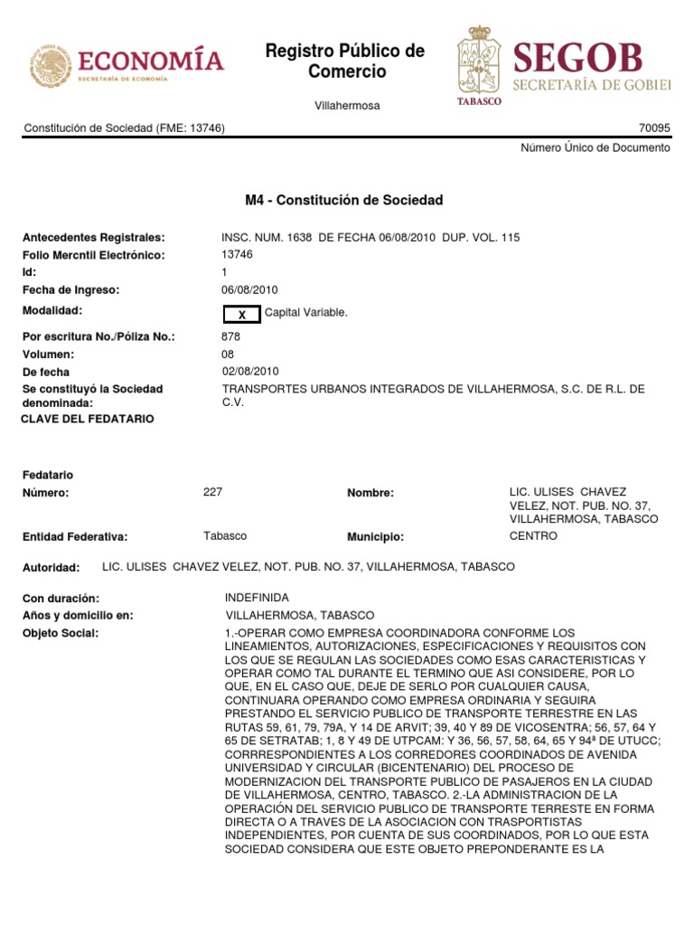 Modelo de Constitucion Sa de CV Transportistas Tabasco | PDF ...