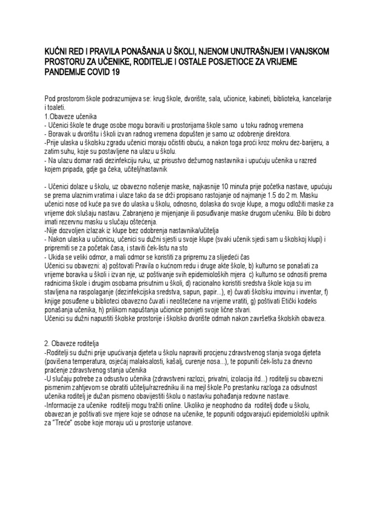 Kućni Red I Pravila Ponašanja U Školi | PDF