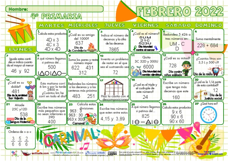 Calendario Febrero 2022 Cuarto | PDF