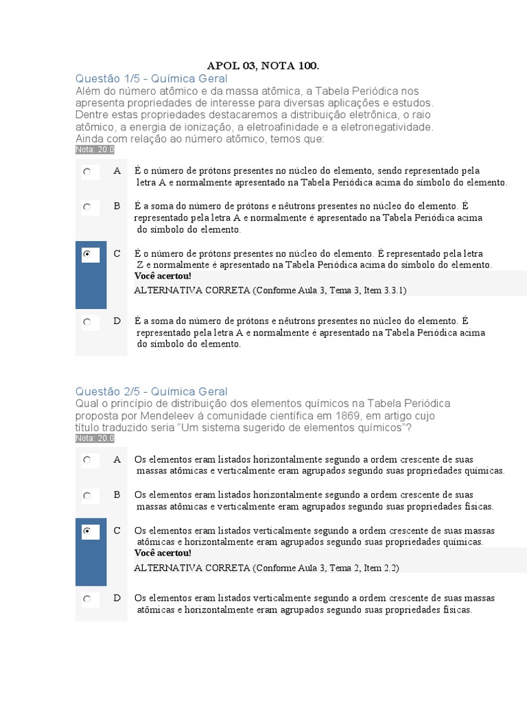 APOL 03, Química Geral | PDF | Tabela periódica | Mol (unidade)