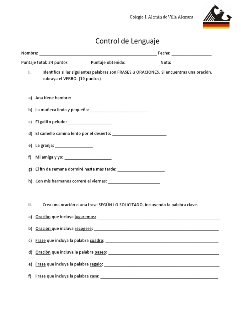 Control de Lenguaje Frase Oracion | PDF