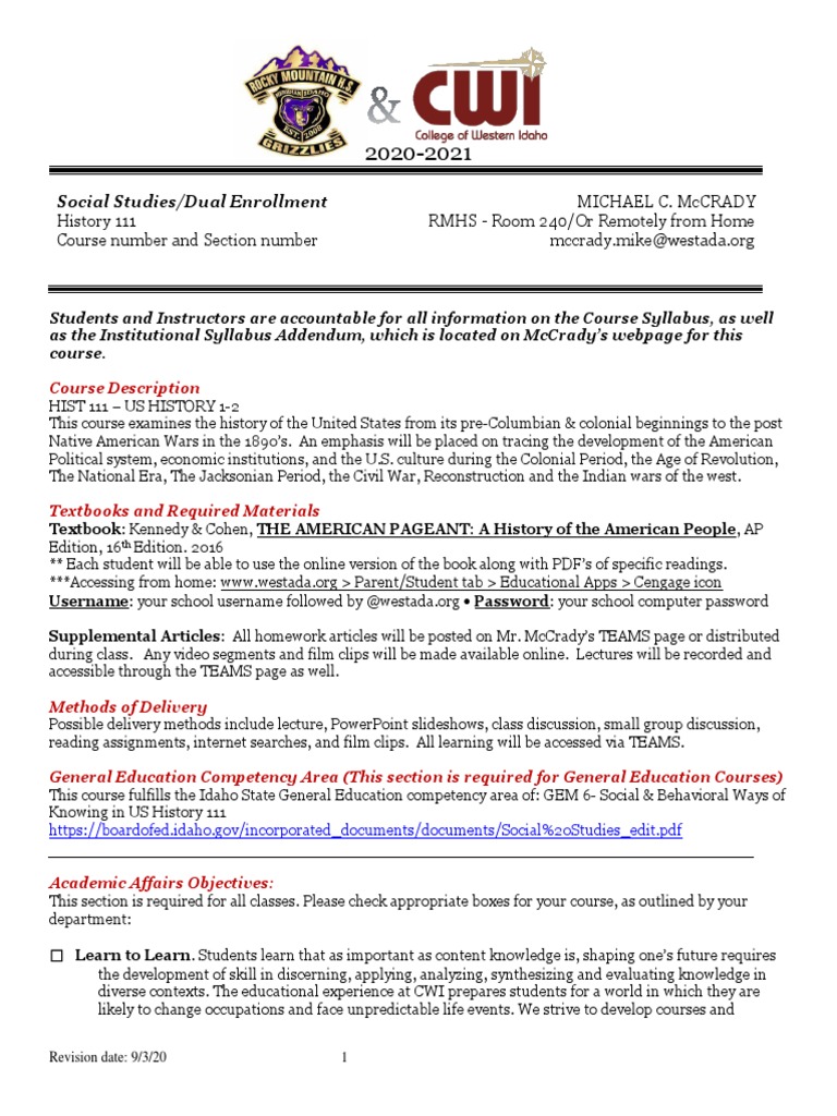 US History Course Syllabus 2020-2021 | PDF | Experience | Academic ...