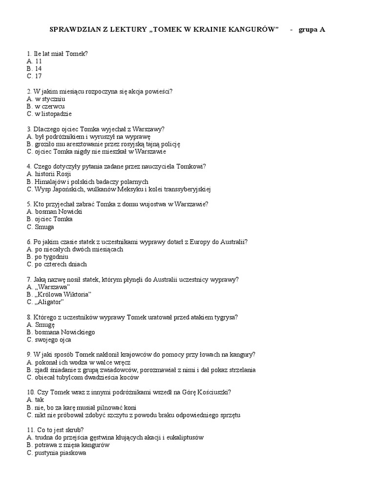 Sprawdzian Z Lektury Tomek W Krainie Kangurów" - Grupa A | PDF