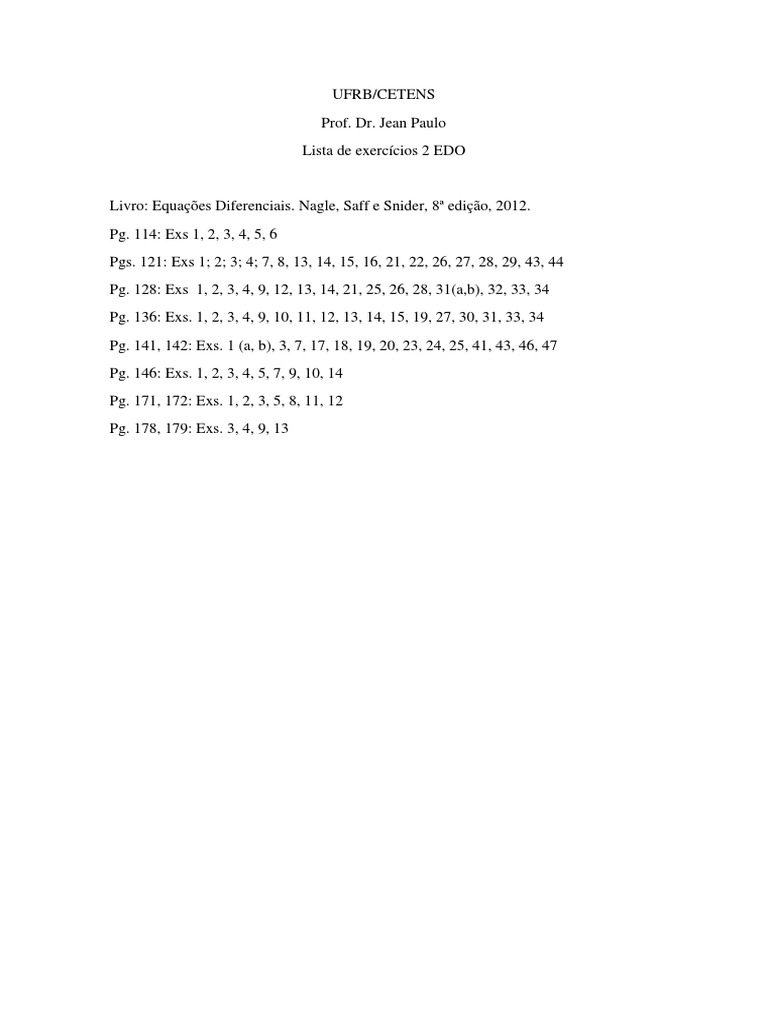 Lista de Exercícios EDO 2 - 2020-2 PDF | PDF
