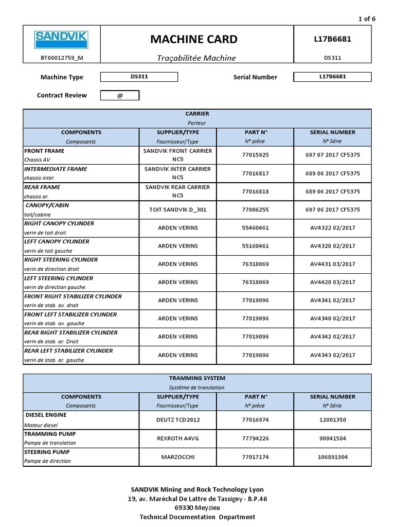 Sandvik DS311 Machine Components List | PDF | Machines | Manufactured Goods