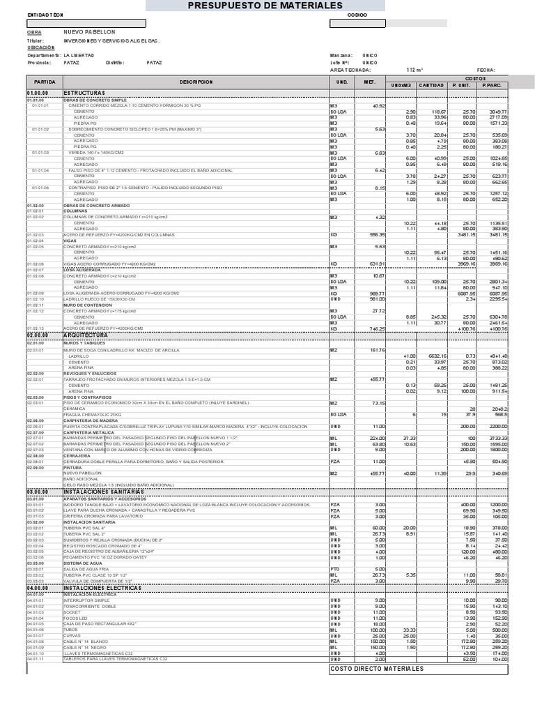 Presupuesto Materiales Pabellon Nuevo | PDF | edificio | Aficiones